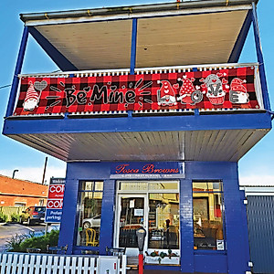 Large Be Mine Banner Valentines Day Outdoor Decorations 120" x 20" Valentine's Yard Sign Gnomes Buffalo Plaid Love Heart Balloon Red Holiday Party Supplies Valentine Backdrop Home Decor with Brass Grommets for Garden House Fence Garage Indoor Gifts Annive