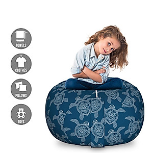 Lunarable Mandala Turtle Storage Toy Bag Chair, Bohemian Pattern with Abstract Turtle in Oriental Style, Stuffed Animal Organizer Washable Bag, Large Size, Night Blue