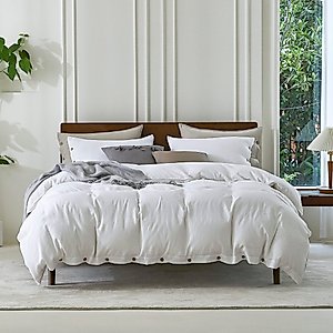 EVERLY 100% Pure Linen Duvet Cover Set Twin Size 68X90Inch 3pcs (1 Duvet Cover,1Pillowcases) Soft and Breathable for All Season with Coconut Button Closure, Suitable for Hot Sleepers-White-Twin
