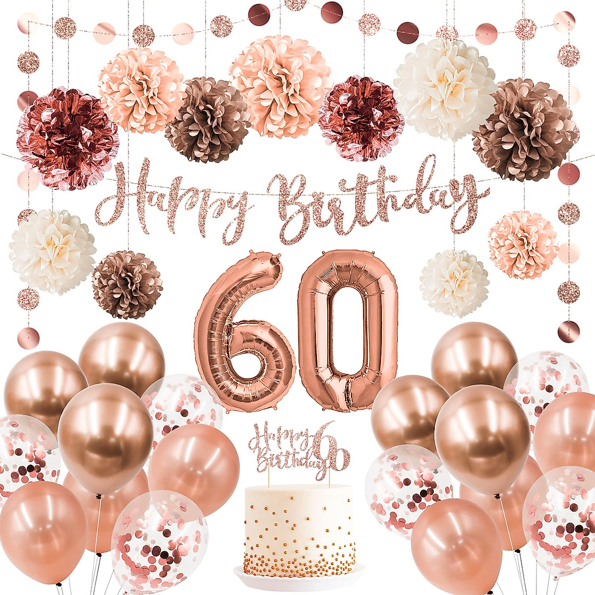 60th Birthday Party Decorations Rose Gold Decor Party Supplies Tissue Pom Poms Paper Circle Dots Garlands, Hanging Party Supply Set for 60th Anniversary Decorations Birthday Party Backdrop