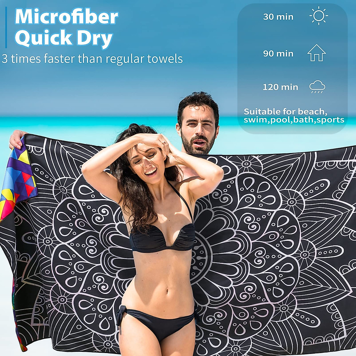 Microfiber Sand Free Beach Towel-Quick Dry Super Absorbent Lightweight Oversized Large Towels Blanket for Travel Pool Swimming Bath Girl Women Men Geometric Triangle Black Mandala
