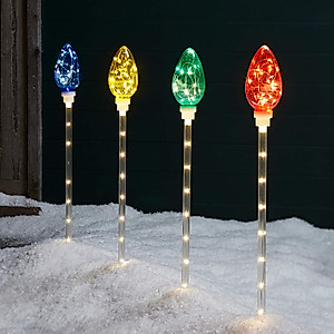 Lights4fun, Inc. Set of 4 Multi Colored C9 Light Bulb Outdoor Christmas Holiday Pathway Markers with Micro LEDs
