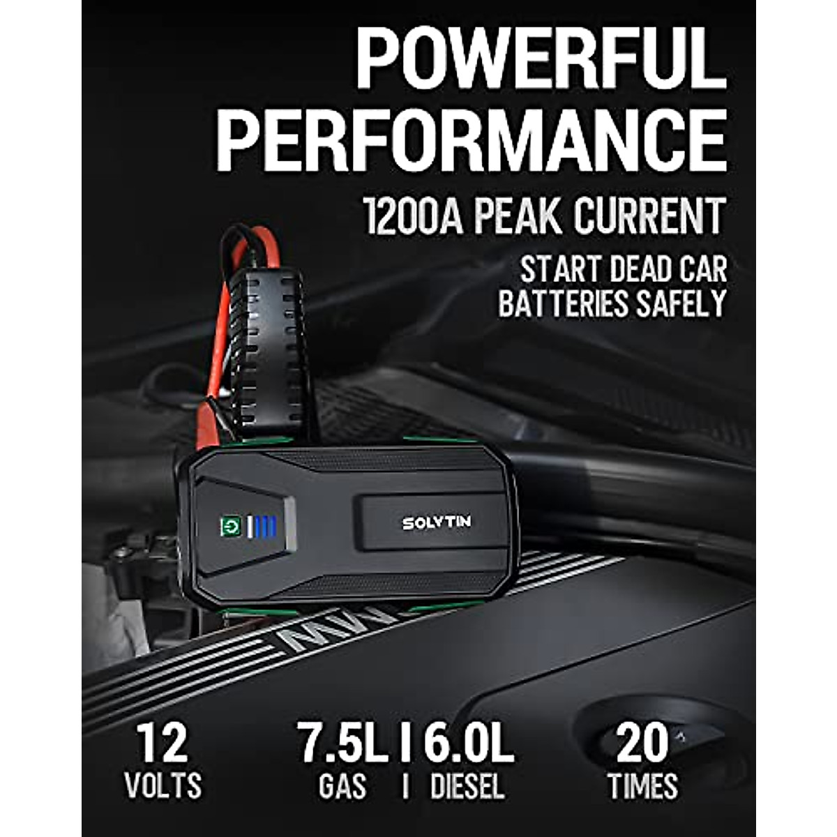 SOLVTIN S6 Jump Starter 1200A Car Starter for up to 7.5L Gas and 6.0L Diesel Engine 12V Battery Jump Starter with Smart Jumper Cables Portable Power Bank with PD 18W, QC 3.0 Port and LED Light