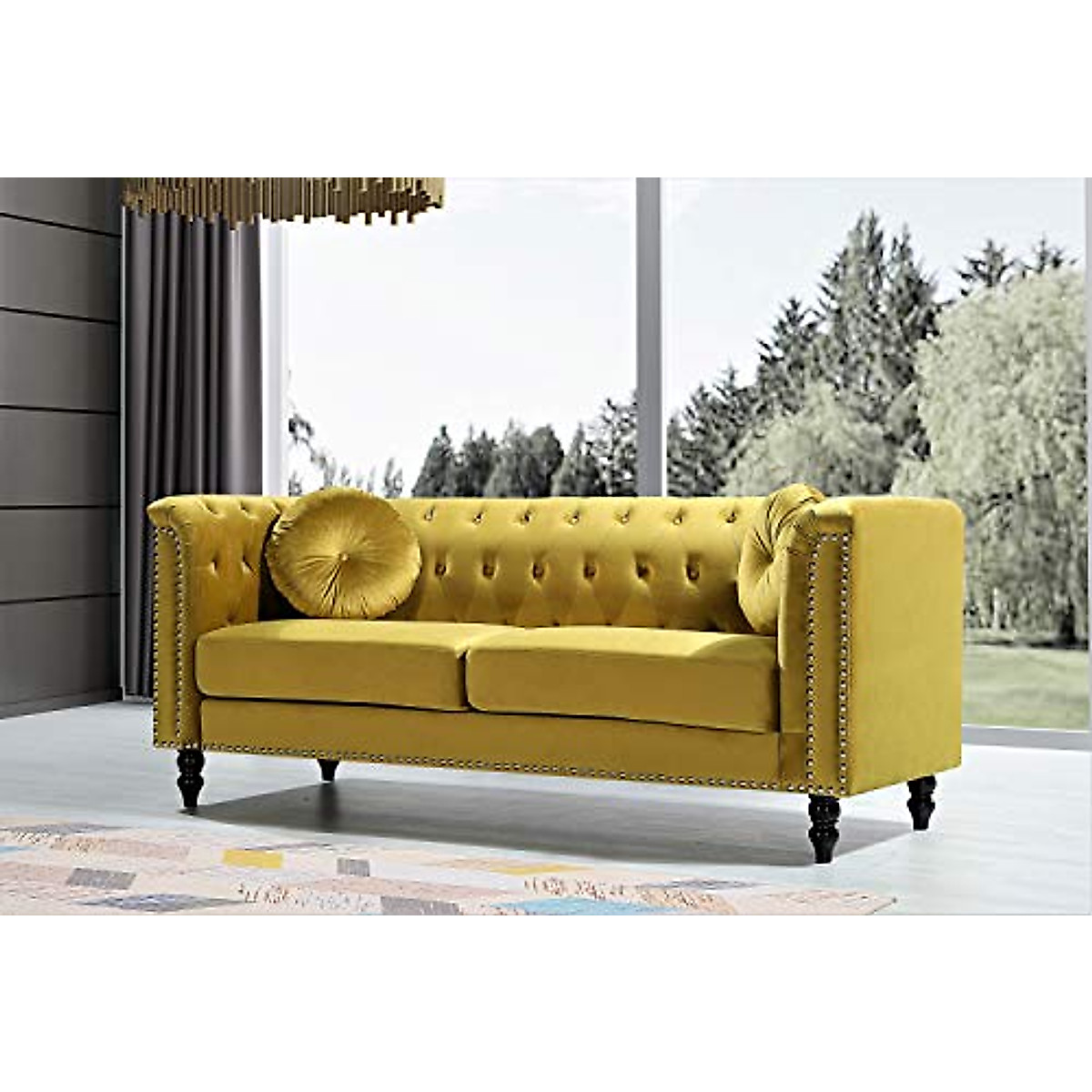 US Pride Furniture Modern Style High Density Foam 75.98'' Wide Golden Velvet Rolled Arm Chesterfield Living Room Removable Cushion & Solid Wood Legs (S5608-5613) Sofas, Strong Yellow