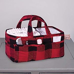 Red and Black Buffalo Check Storage Caddy-Buffalo Check Body and Handles, Herringbone Print Lining, Buffalo Check Trim, Red, Black, Grays, 12 in x 6 in x 8 in