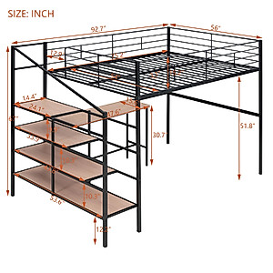 FANYHOME Full Size Metal Loft Bed with Desk and Metal Grid, Stylish Metal Frame Bed with Lateral Storage Ladder and Wardrobe loft Bed Twin Size with Desk (Black)