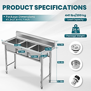 Loccdaok 3 Compartment Utility Sink Stainless Steel Commercial Kitchen Sink Free Standing Triple Bowl Laundry Room Outdoor Garage Sink for Restaurant, Kitchen, Bar, 39" x 20" Triple Bowl