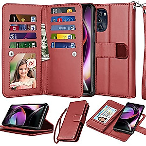 NJJEX Wallet Case for Motorola Moto G 5G 2022, for Moto G 5G 2022 Case, [9 Card Slots] PU Leather ID Credit Card Holder Folio Flip [Detachable] Kickstand Magnetic Phone Cover & Lanyard [Wine Red]