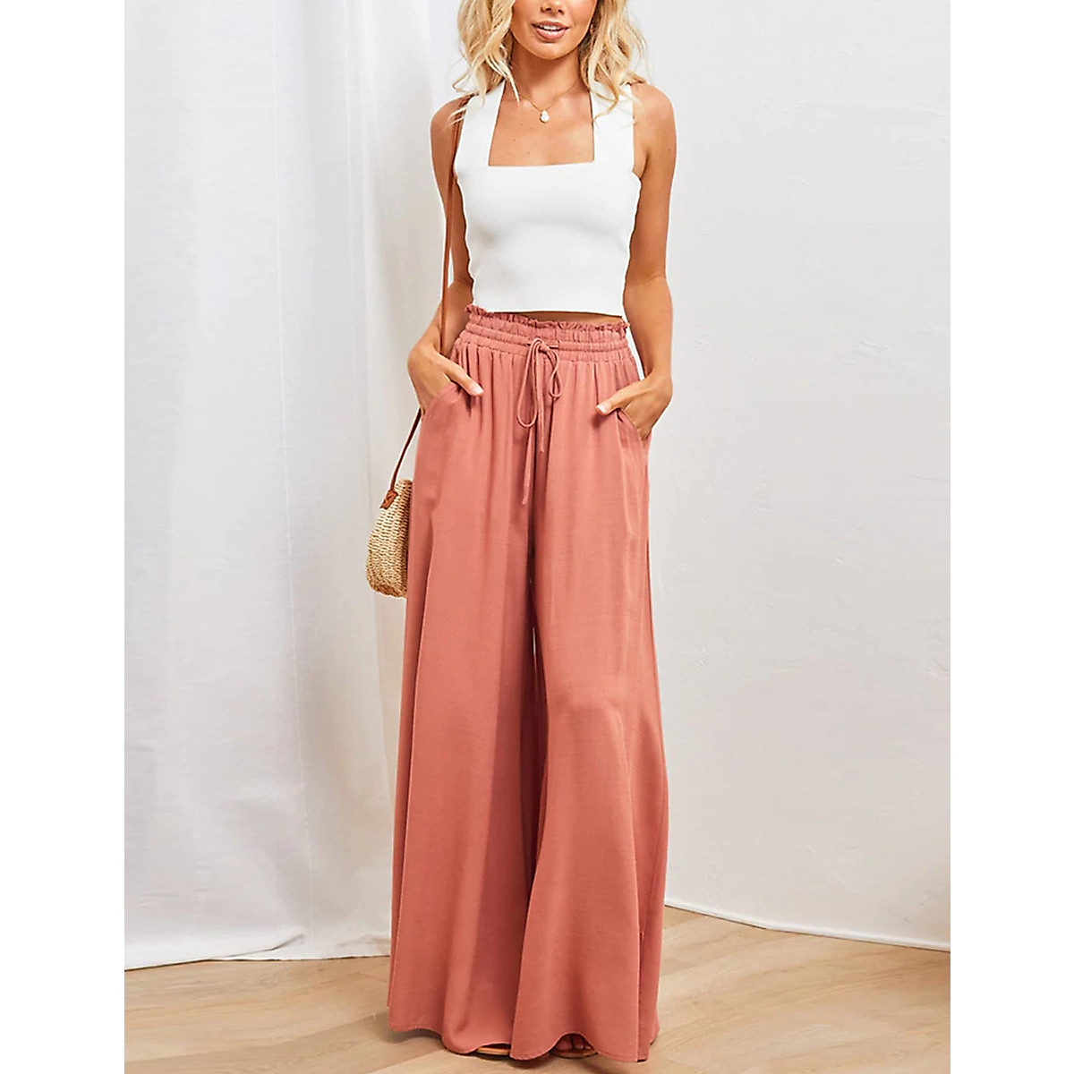 Yidarer Women's Casual Beach Palazzo Pants Flowy Wide Leg Lounge Pants with Pockets(Orange-XL)