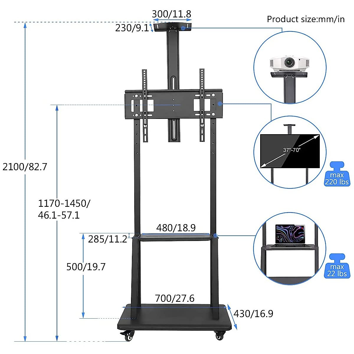 Suptek Mobile TV Cart Floor Stand for 32-70 inch TVs and LED LCD Screens Large Base Height Adjustable (ML1700S)