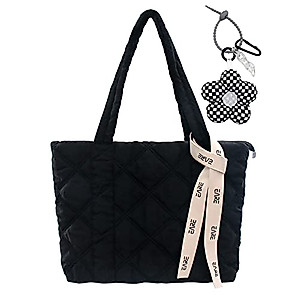 iSamzan Puffer Quilted Tote Bag for Women Puffy Padded Purse with Zipper Work School Nylon Soft Purse-Black