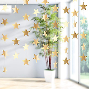 Patelai Glitter Star Garland Banner Decor, 130 Feet Bright Star Hanging Bunting Banner Backdrop for 2025 New Year Decor Graduation Wedding Birthday Christmas Party(Champagne Gold)