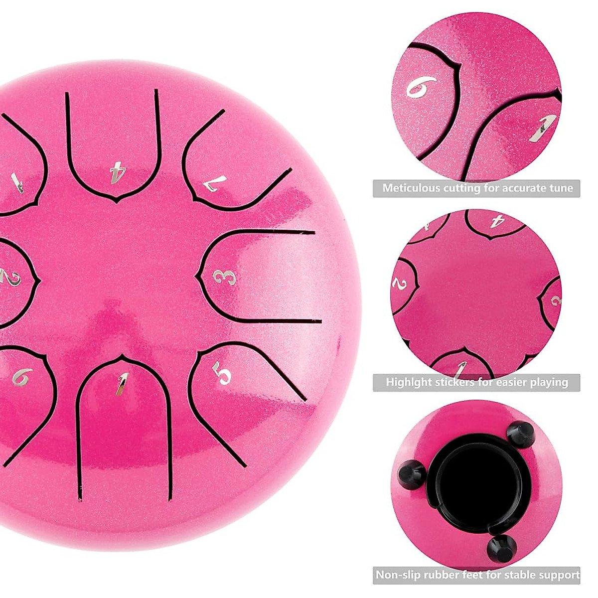 Steel Tongue Drum, Tongue Drum 6 Inch 8 Notes Hand Pan Drum C Key Meditation Drum Percussion Instrument with Bag, 2 Drumsticks, Finger Picks for Adults Kids Beginner - Pink