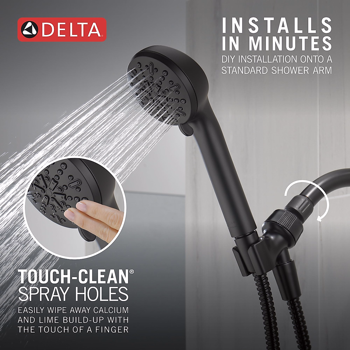 Delta Faucet 4-Setting Handheld Shower Head, Black Shower Head with Hose, Showerheads & Handheld Showers, Handheld Shower Heads, Detachable Shower Head, Hand Shower 1.75 GPM, Matte Black 75413BL