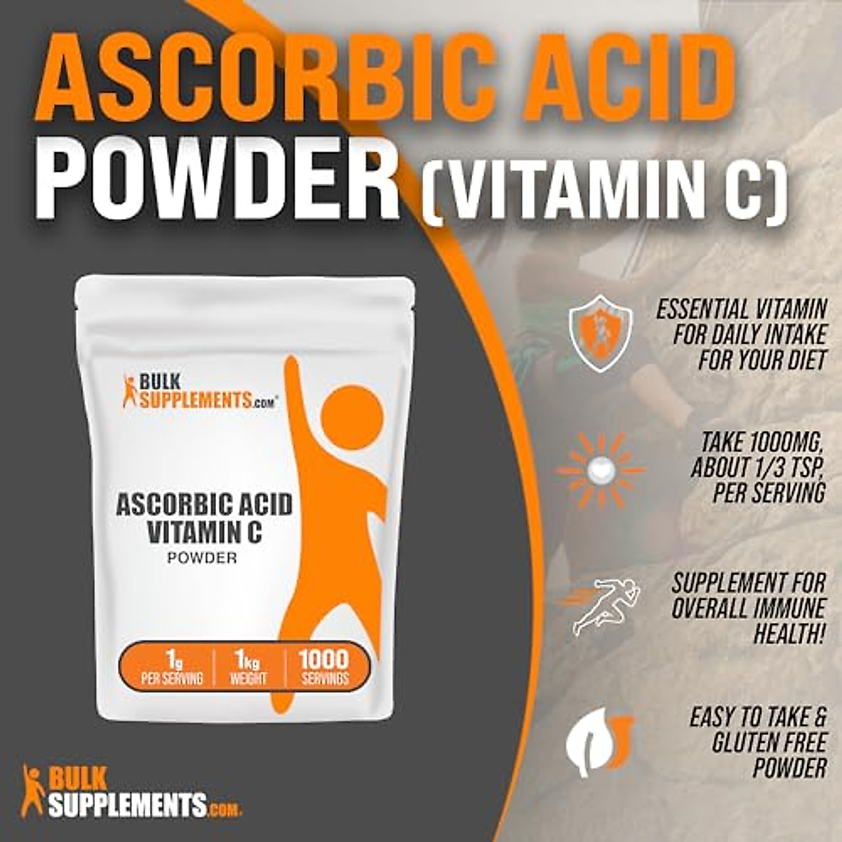 BulkSupplements.com Ascorbic Acid Powder - Vitamin C Supplement, Ascorbic Acid Food Grade - Powdered Vitamin C, Immune Support - Gluten Free, 1g per Serving, 1kg (2.2 lbs) (Pack of 1)