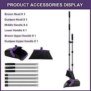 Large Broom and Dustpan Set, Purple Broom with Dustpan Combo Set, 55" Long Handle Broom, Self Cleaning Dustpan, Ideal for Home and Dog Cat Pets