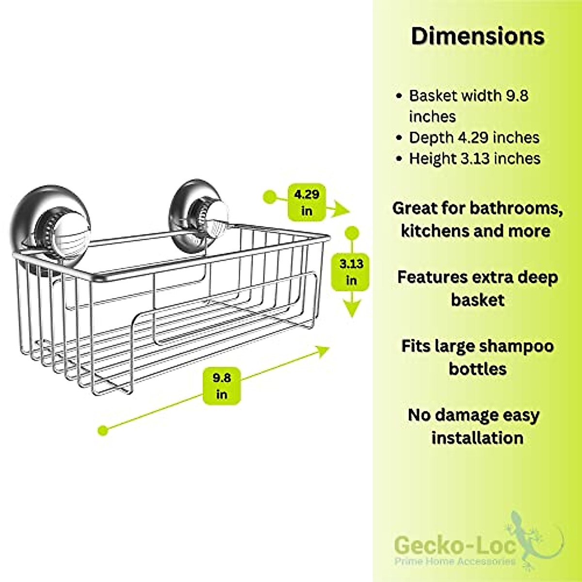 Gecko-Loc Large Deep Suction Cup Bathroom Shower Caddy Storage Basket Organizer – Silver