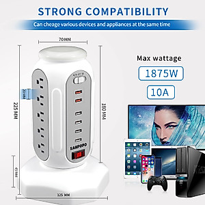 Power Strip Tower Surge Protector with RBG Light, SANPOPO Desktop Charging Tower, 15 Outlets 6 USB Ports, 900Joules 6.5 ft Retractable Cord,Multiple Protections for Home Office Dorm Room (1875W/10A)