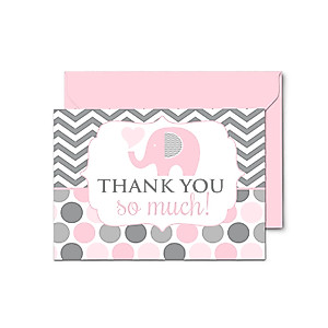 Paper Clever Party Pink Elephant Thank You Cards with Envelopes for Boys Baby Shower, Gender Reveal, Birthday, Everyday Occasions, Small Folded Note Set, 20 Pack