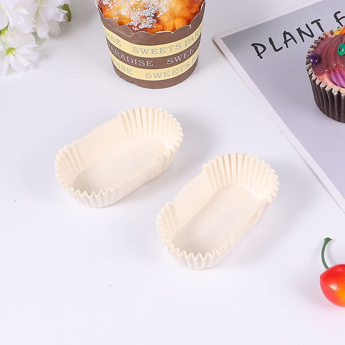 BESTonZON Oval Cake Paper Cups: Disposable Baking Cups Liners Grease Proof Cupcake Wrappers Muffin Holders Pastry Cake Cups for Holiday Party Mousse Cream Dessert Tart Mini Snacks