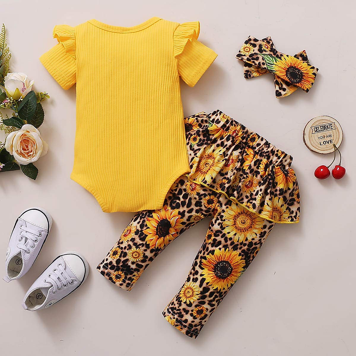 MIEKISA Newborn Baby Girls Three-piece Suit T Shirt Rompers Pants Headband Infant Outfit Clothing Sets Bodysuit (Yellow, 3 Months)