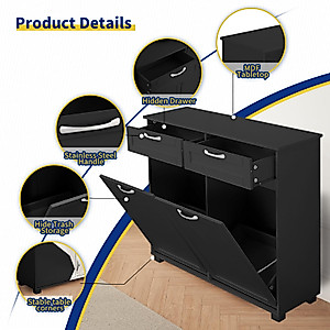 Tilt Out Trash Cabinet 10 Gallon, Trash Can Cabinet with 2 Drawers, Double Freestanding Trash Cabinet, Recycling Cabinet for Laundry, Kitchen, Living Room, Bathroom, Bedroom (Black)