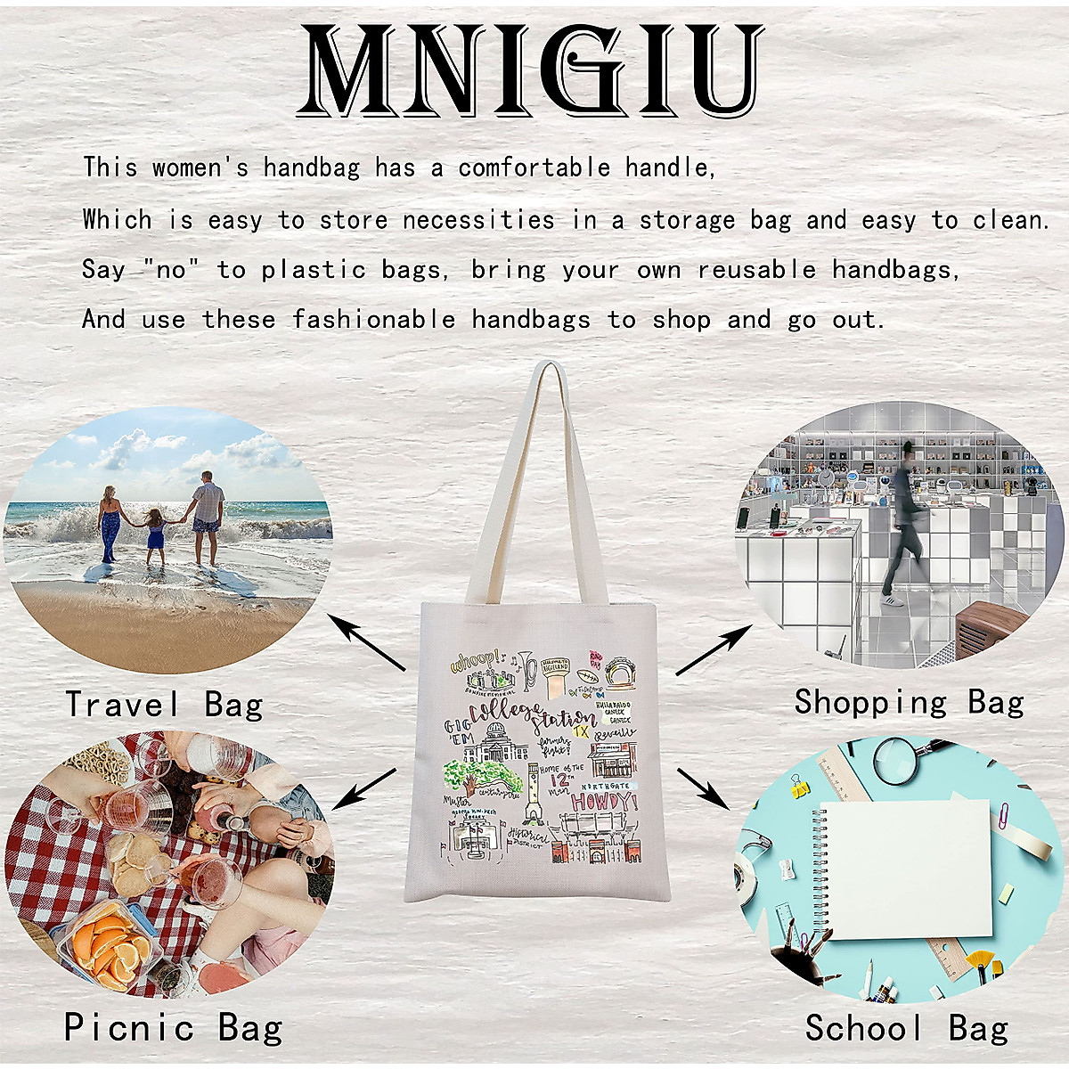 MNIGIU College Station Texas Tote Bag TX A&M Grad Gift Graduation Gift for Aggie (College TX Tote)