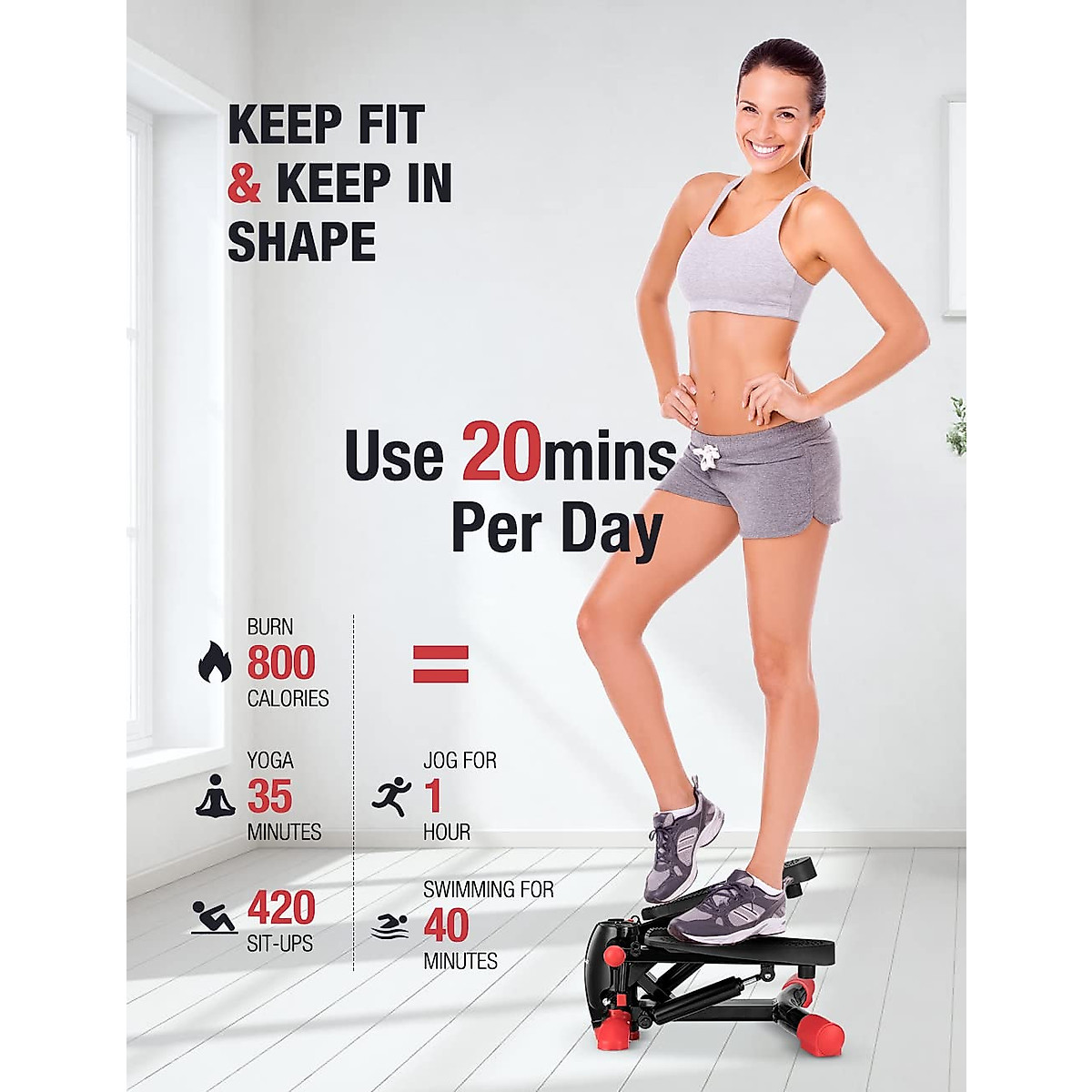 Stair Steppers for Exercise, Mini Stepper with Resistance Bands Portable Stair Climber Fitness Step Machine with LCD Monitor for Home Gym Office Workout Exercise Equipment, Red