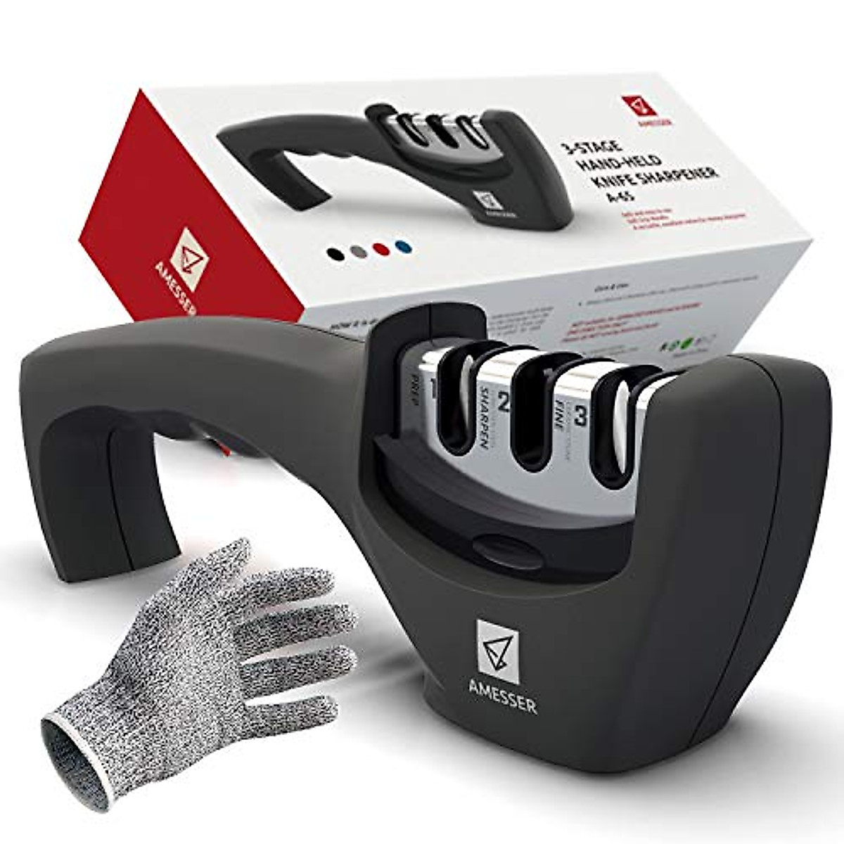 Kitchen Knife Sharpener - 3 Stage Knife Sharpening Tool Sharpens Chef's Knives - Kitchen Accessories Help Repair, Restore and Polish Blades Quickly, Food Safety Cut Resistant Glove Included, Black