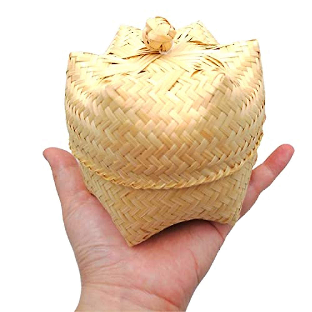 Bamboo Sticky Rice Serving Basket 4.5 x 3.5 Inch, Kratip, Intricately Woven Container, Hexagon-Shaped Weave Pattern, Thailand Handmade, Natural Color (Original Natural Bamboo Color)