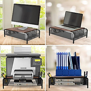 Trwcrt Metal Desk Monitor Stand Riser with Organizer Drawer, Rustic Monitor Riser for Computer, Small Printer, Laptop, Black and Brown