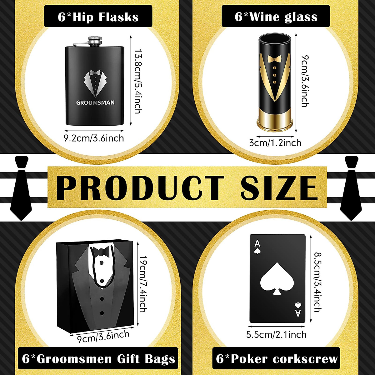 Set of 6 Groomsmen Gifts, 6 Pcs 8oz Stainless Steel Tuxedo Flask 6 Pcs Groomsmen Gauge Glasses with 6 Pcs Poker Bottle Cap Opener 6 Pcs 7.5 x 3.5 Inch Groomsmen Gift Bags for Wedding Bachelor Party