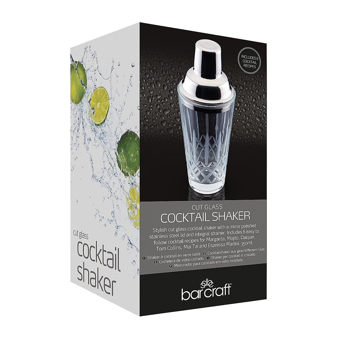 Kitchen Craft BarCraft Cut-Glass Cocktail Shaker with Stainless Steel Strainer, 400 ml (14 fl oz)