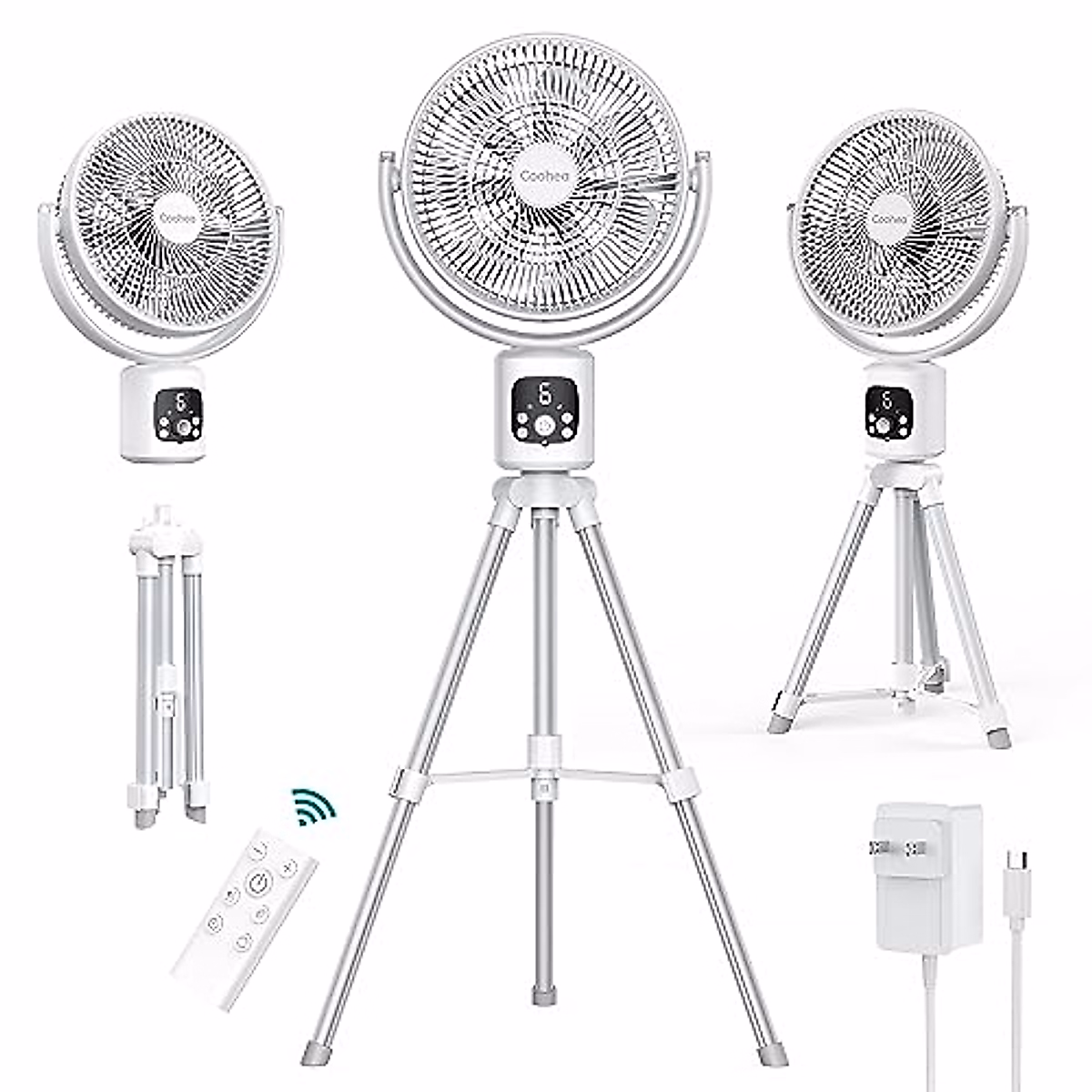Coohea Oscillating Fan 11" Standing Fan with Detachable Tripod 12000mAh Rechargeable Battery Floor Fan Quiet White Pedestal Fan with Remote for Indoor Outdoor Home Bedroom, Adjustable Height & 6-Speed