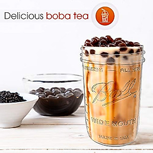 Reusable Wide Mouth Smoothie Cups Boba Tea Cups Bubble Tea Cups with Lids and Gold Straws Mason Jars Glass Cups (2-pack, 16 oz mason jars) Brand Capsule Classic