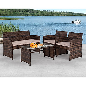 Patio Furniture Set Outdoor Furniture Wicker Conversation Set Rattan Outdoor Chairs Loveseats with Cushion Glass Table for Outdoor Indoor Use Poolside Lawn Porch Balcony Garden (Brown and Khaki)