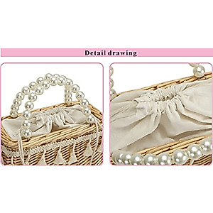 TaiGuri Women's Handmade Rattan Basket Artificial Pearl Woven Purse Handbag Tote Shoulder Bag Beige