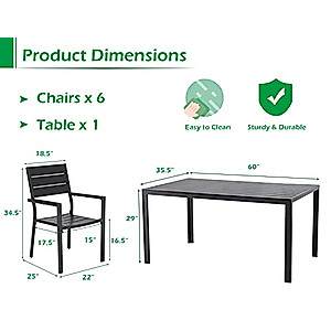 AECOJOY 7 Piece Outdoor Dining Set, Aluminum Patio Table and Chairs Set for 6 with Rectangular Table and Stackable Chairs for Garden, Backyard, Black