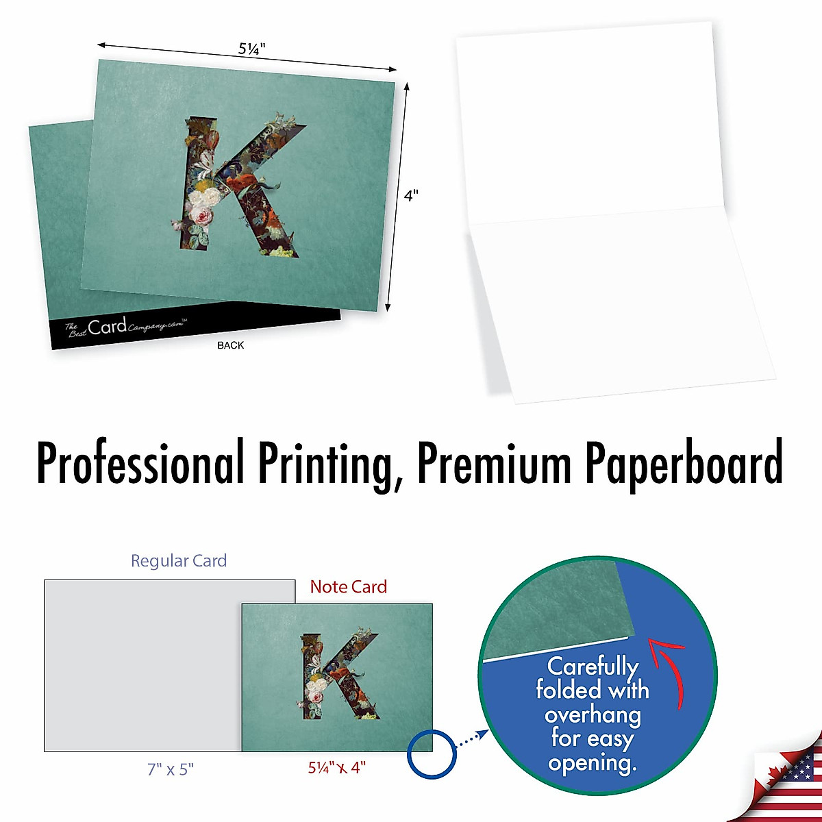 The Best Card Company - 10 Initial Letter “K” Assorted Blank Notecards Beautiful Flower Personal Stationary 4 x 5.12 Inch, Bulk Variety Pack for Thank You and Notes - Baroque Blooms K M3838OCB-B1x10