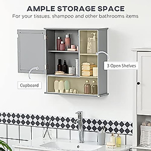 kleankin Bathroom Medicine Cabinet with Mirror, Wall-Mounted Bathroom Cabinet with Adjustable Shelf for Living Room and Laundry Room, Gray