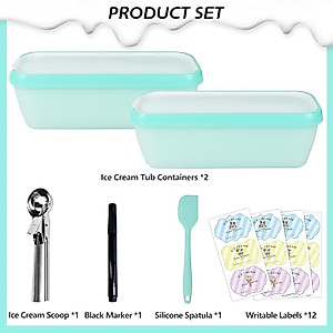 Artcome Set of 2 Ice Cream Tub Containers 1.5 Quart Ea. - Freezer Storage Tubs with Writable Labels - Double Insulation Design - Ideal for Sorbet, Ice Cream, Frozen Jelly & Frozen Yogurt - Mint Green