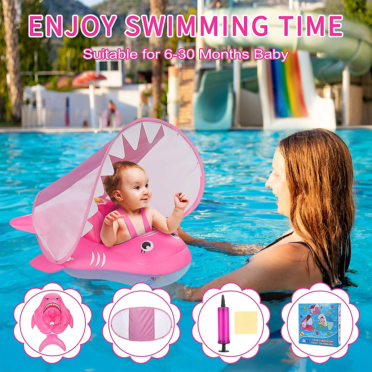 Baby Pool Float, Infant Swimming Float with Sun Protection Canopy Inflatable Floaties for Toddlers Shark Baby Swim Floats Ring for Pool Bath Toys for Newborn 3-36 Months