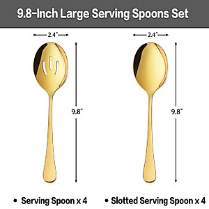 LIANYU 8-Piece Large Gold Serving Spoons, Gold Slotted Serving Spoons, 9.8Inch Stainless Steel Serving Utensils for Party Buffet Restaurant Banquet Dinner Catering, Dishwasher Safe