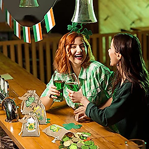 24 Pack St. Patricks Day Burlap Gift Bags Saint Patrick's Day Party Favor Bags Irish Shamrock Burlap Bags Rustic Small Treat Bags with Drawstring Gift Tag and Rope for St. Patricks Day Party Supplies