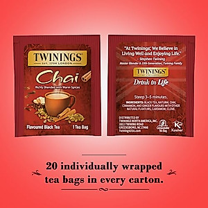 Twinings Chai Tea, Caffeinated Black Tea Naturally Flavored with Aromatic Spices and Ginger, Tea Bags Individually Wrapped, 20 Count Ea (Pack of 2)