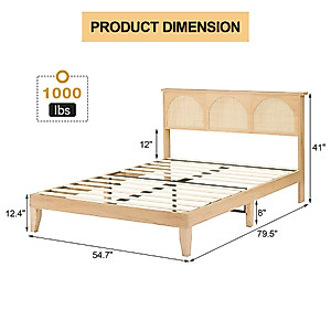 IDEALHOUSE Full Bed Frame with Rattan Headboard - Full Size Bed Frame with LED Lights, Boho Platform Bed Frame Full Size with Wooden Support Legs,No Box Spring Needed/Noise-Free/Easy Assembly