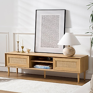 HMeeZnn Rattan TV Stand for 55 Inch TV, Mid Century Modern Entertainment Center with Storage Boho TV Console Table with 2 Cabinets for Living Room Bedroom, Natural Wood