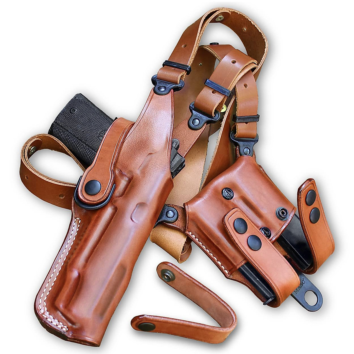 Premium Leather Vertical Shoulder Holster System with Double Magazine Carrier Fits Standart 1911 5'' BBL Colt, Kimber, para, Springfieldd, R/H Draw Brown Color