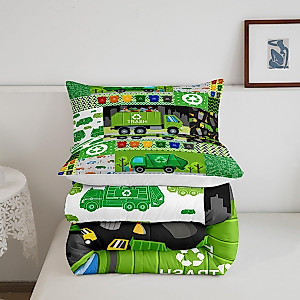 Cartoon Garbage Truck Bedding Comforter Sets Twin,Colorful Trash Can Cute Green Cars Trees Bedding Set for Bedroom,Watercolor Abstract Stripes Geometric Art with 1 Comforter and 1 Pillowcase