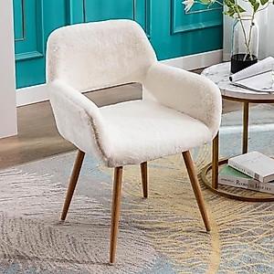 White Faux Fur Desk Chair with Wood-Like Metal Legs,Furry Makeup Vanity Chair for Girls Women,Cute Kids Chair,Fluffy Home Office Chair Without Wheels for Living Room,Bedroom
